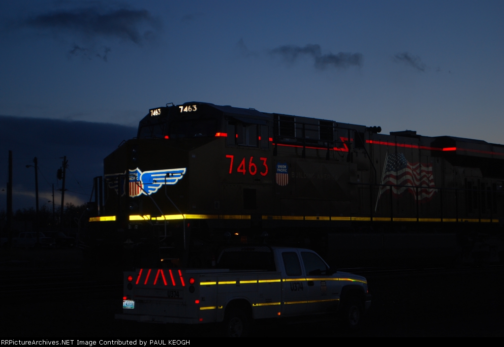 UP 7463 close up shot as the flash lights up the reflective UP Logo.